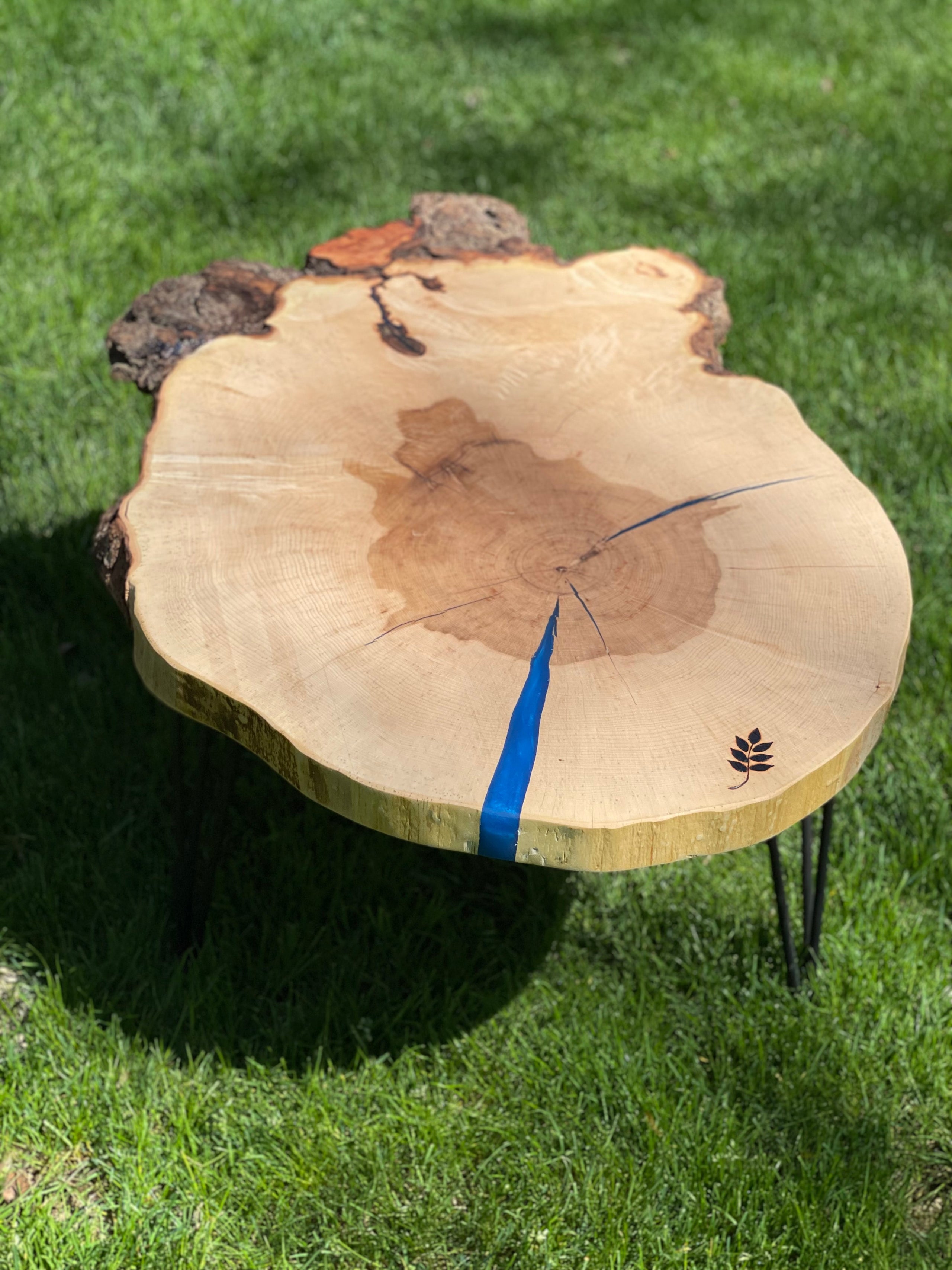 Canadian sugar maple end grain coffee table with cobalt resin inlays ...